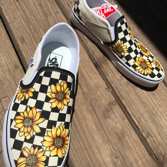 Vans | Shoes | Checkered Custom Sunflower Vans | Poshmark